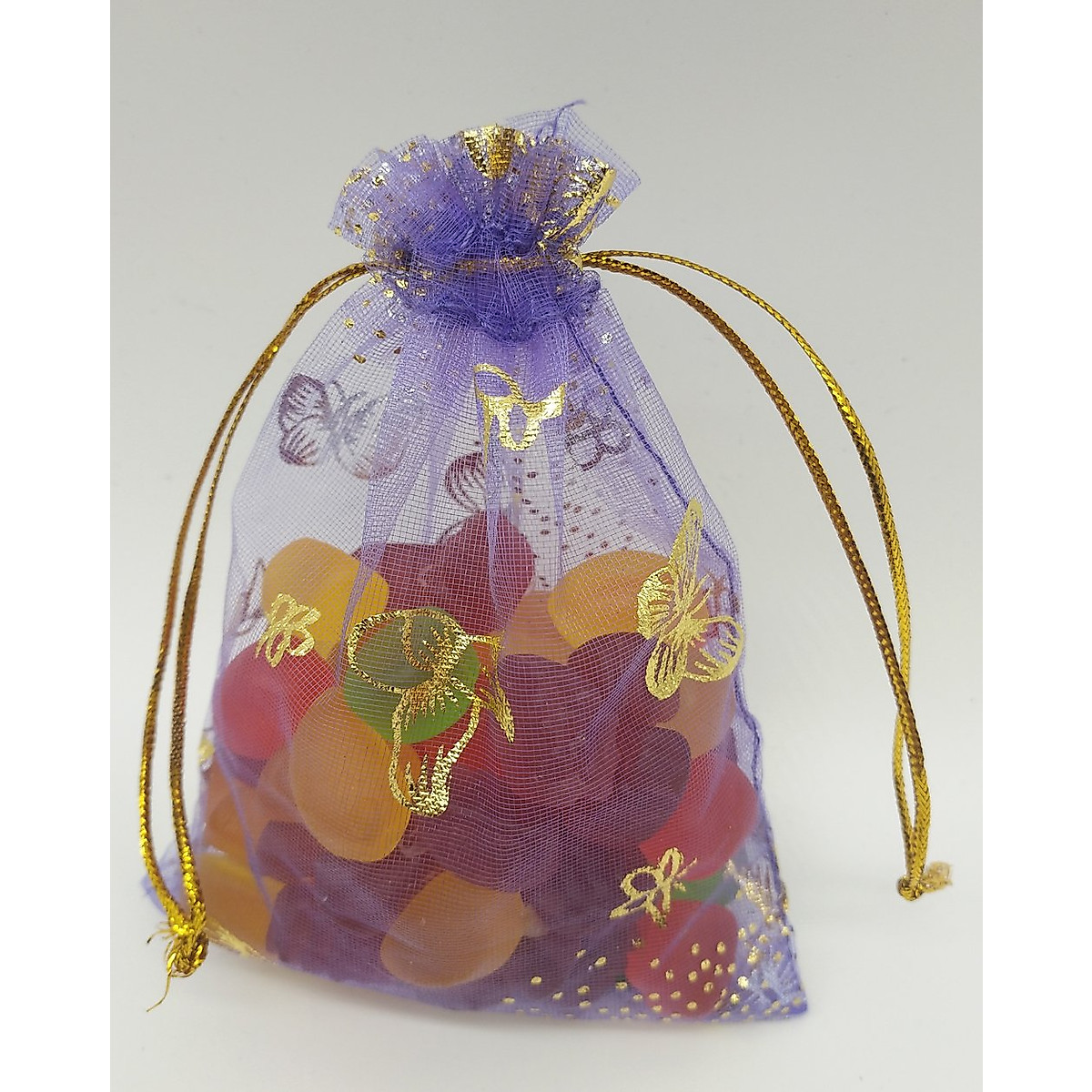 Ankirol 100pcs Mini Sheer Organza Wedding Favor Bags 3.5x4.5'' Luxury Jewelry Candy Gift Card Bags with Gold Line Drawstring Pouches Butterflies (Light Purple)