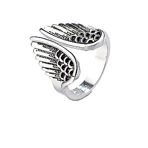 FLYYQMIAO Adjustable 925 Vintage Silver Angel Wing Open Rings Finger Ring Fashion Feather Cast Black Vintage Open Cuff Ring Punk Jewelry for Women Men