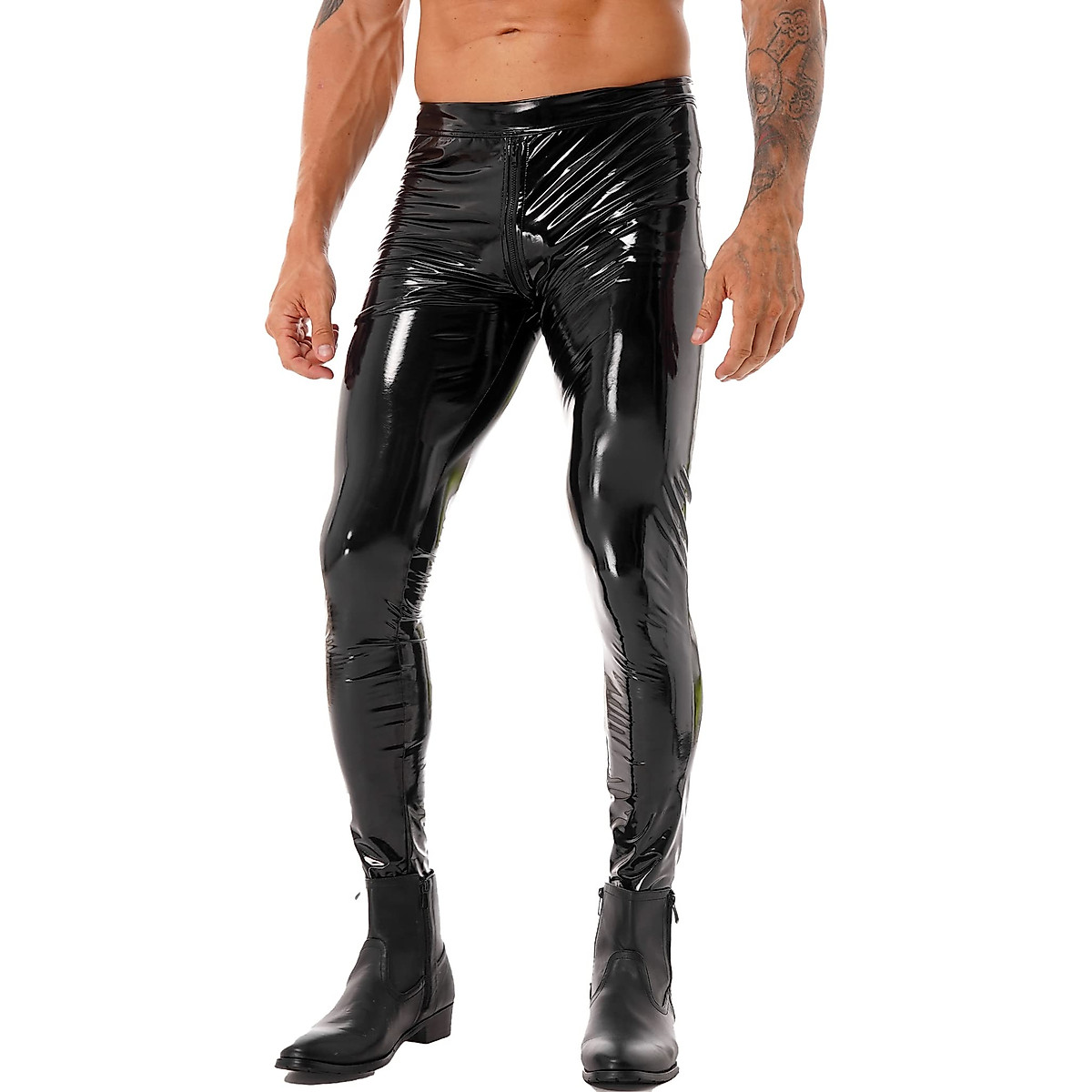 TSSOE Men Shiny Wetlook Patent Leather Skinny Pants Tight Zipper Crotch Clubwear Motor Biker Leggings Black Small
