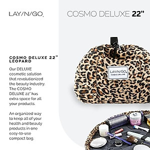 Lay-n-Go Cosmo Drawstring Cosmetic & Makeup Bag Organizer - Portable Drawstring Makeup Bag w/Zipper Pocket, Makeup Loops & More - Durable, Machine Washable Makeup Bag for Travel (22”, Leopard)