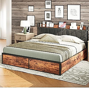 LIKIMIO King Bed Frame with 4 Storage Drawers, Platform Bed with Charged Headboard, Sturdy and Stable, No Noise, No Box Spring Needed, Easy to Install