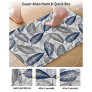 Gogobebe Super Absorbent Diatom Mud Mat Navy Blue Gray Leaves Leaf Texture Quick-Drying Thin Bath Mat Non-Slip Bathtub Mat Anti-Skid Rubber Bathroom Shower Mat 16x24in