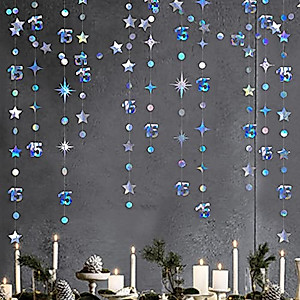 Iridescent 15th Birthday Decorations Number 15 Circle Dot Twinkle Star Garland Metallic Hanging Streamer Banner Backdrop for Girls Boys Fifteen Year Old Birthday 15th Anniversary Party Decor Supplies