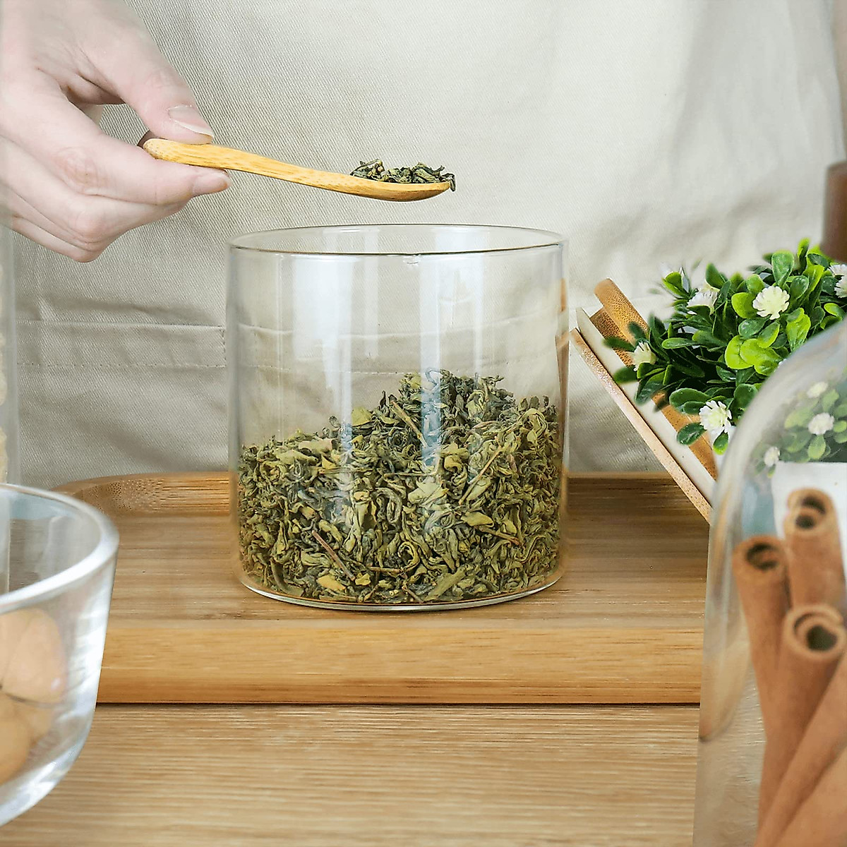 Food Storage Jar, 18.6 FL OZ (550 ML), [Thickened Version] 77L Glass Food Storage Jar with Airtight Seal Bamboo Lid - Modern Design Clear Food Storage Canister for Serving Tea, Coffee, Spice and More