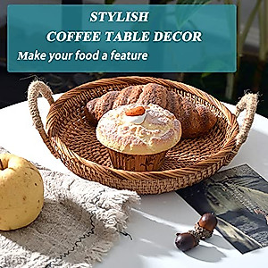 Rattan Round Serving Tray with Handle for Coffee Table Wicker Woven Small Large Bread Basket Storage Bathroom Home Decorative Tray Organizer Tabletop for Remotes, Candles, and Vase (Set of 2)
