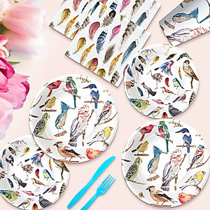 Xigejob Bird Party Decorations Tableware, Bird Birthday Party Supplies, Plate, Cup, Napkin, Tablecloth, Cutlery, Colorful Bird Bridal Baby Shower Birthday Wedding Summer Tea Party Dinnerware, Serve 24