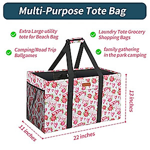 MHOMER Reusable Grocery Bags Extra Waterproof Large Tote Bag with Carrying Handles Reinforced Bottom Durable Oxford Fabric Foldable Shopping Bags for Storage Space Saving Red Heart Pattern