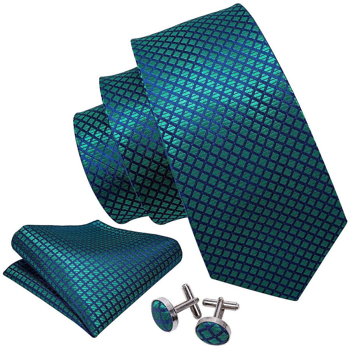 Barry.Wang Mens Tie Silk Tie Pocket Square Cufflinks Set Woven Designer Teal