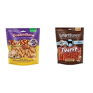 DreamBone Twist Sticks with Real Bacon and Cheese Flavor 50 Count, Rawhide-Free Chews for Dogs & SmartBones Smart Twist Sticks with Peanut Butter 50 Count