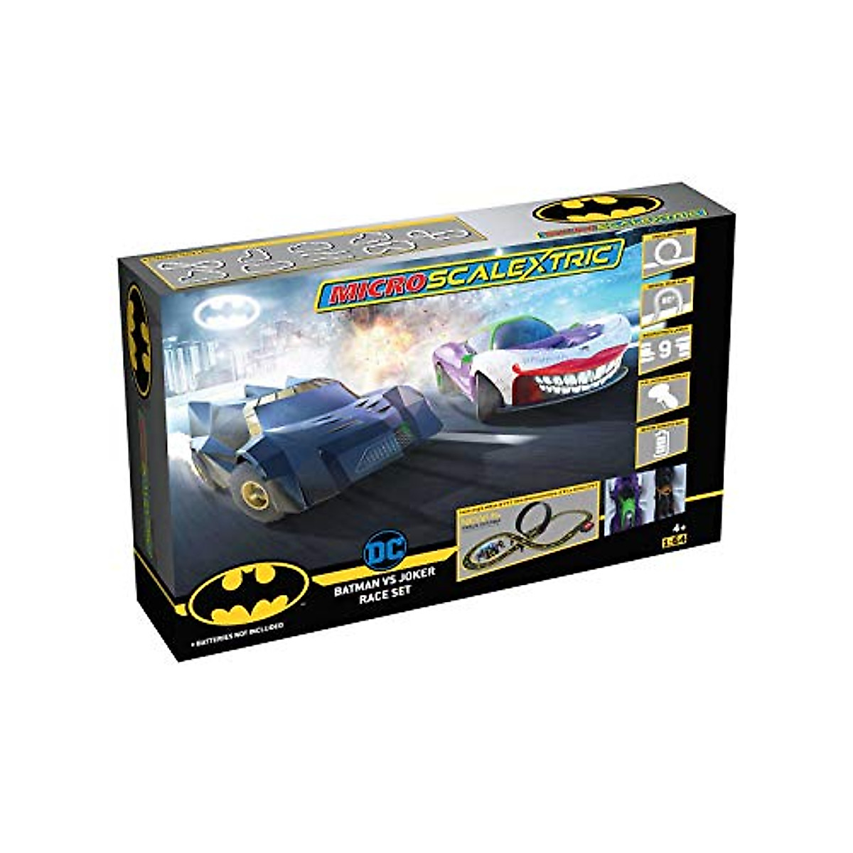 Scalextric Micro Scalextric Justice League Batman vs Joker Battery Powered 1:64 Slot Car Race Track Set G1155T ,Black