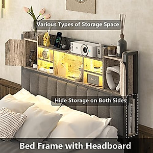 Full Size Bed Frame with Bookcase Headboard & Storage Drawers, Bed Frame Full Size with LED Lights & Charging Station, Heavy Duty Metal Bed Frame for Kids Adults, No Box Spring Needed, Charcoal Gray