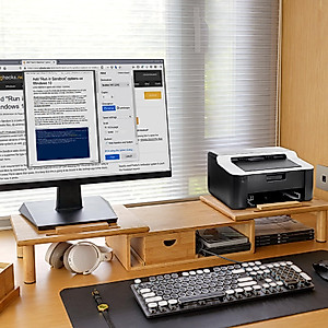 ROCDEER Dual Monitor Stand Riser with Drawer for Desk Laptop Desk Shelf with Adjustable Length and Angle, Bamboo Computer Stand Riser for 2 or 3 Monitors Screen Laptop PC TV -Natural