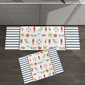 IDOWMAT Kitchen Rug Sets of 2 - Absorbent Non-Slip Kitchen Mats Navy Blue Stripes Beach Swim Ring Ice Cream Sunglasses Floor Comfort Mats Doormat for Kitchen Office Laundry 15.7x23.6in + 15.7x47.2in