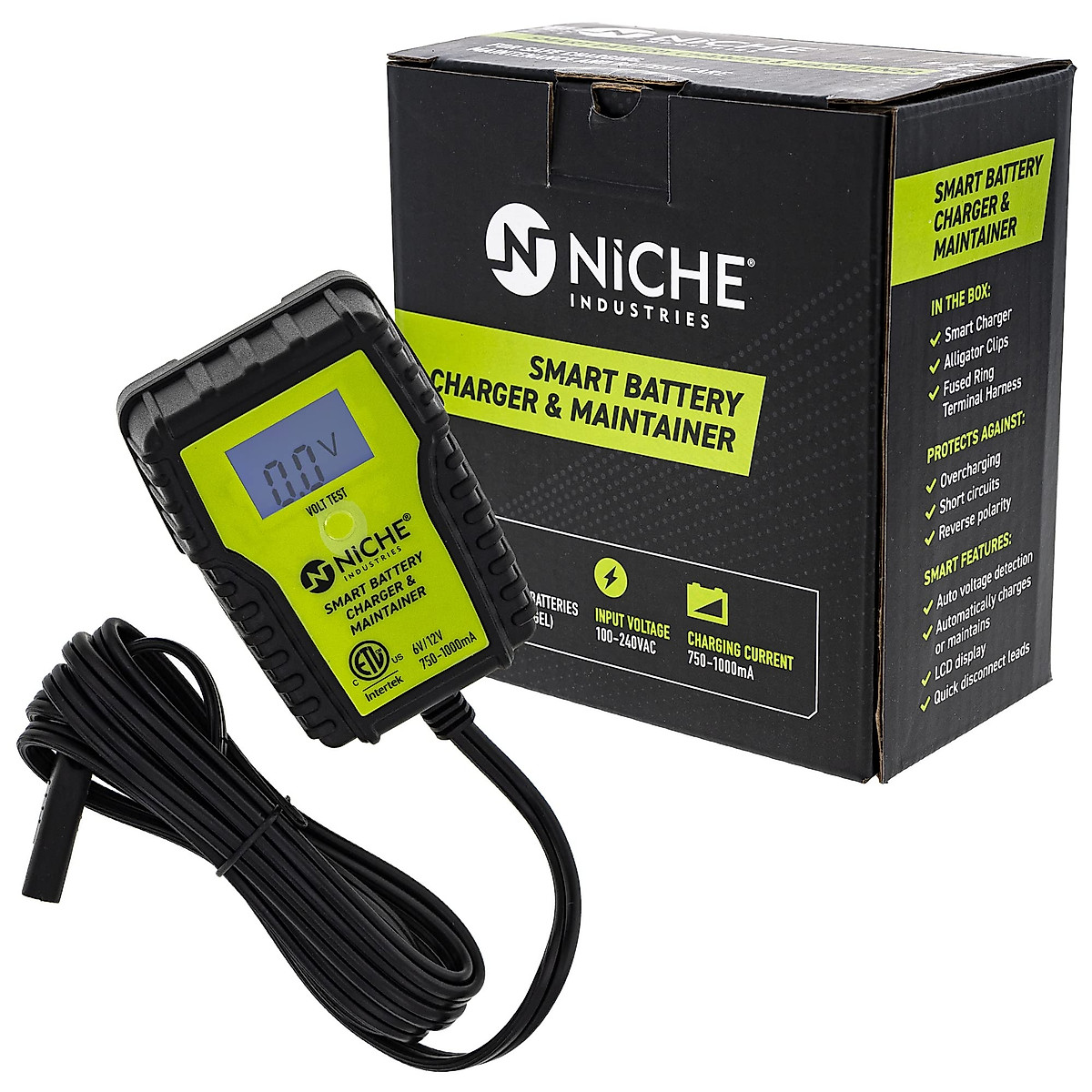 NICHE 1-Amp Fully-Automatic LCD Smart Battery Charger 6V/12V Trickle Maintainer for Motorcycle Car Truck UTV ATV Boat