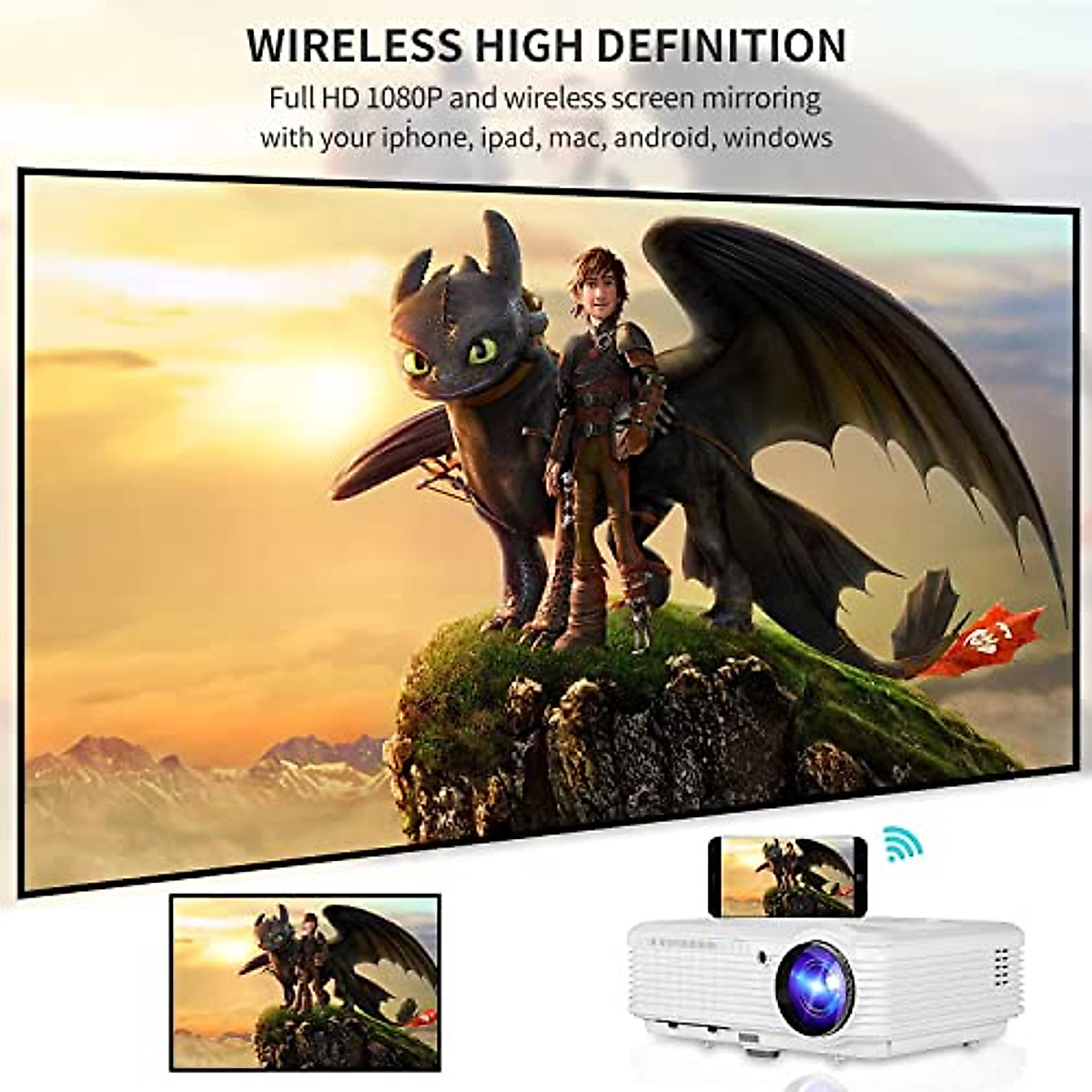Native 1080p Full HD WiFi Bluetooth Projector, High Brightness Gaming Projectors Outdoor Movie Night, Android OS TV Projector App Netflix Airplay, Compatible with Android/iOS, TV Stick, DVD, PC, HDMI