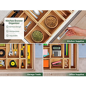 Kootek Kitchen Drawer Organizer for Utensils, 6 Pcs 8 Grid Silverware Tray Bamboo Drawer Organizers Cutlery Storage with Removable Dividers for Pantry Closet Desk Office