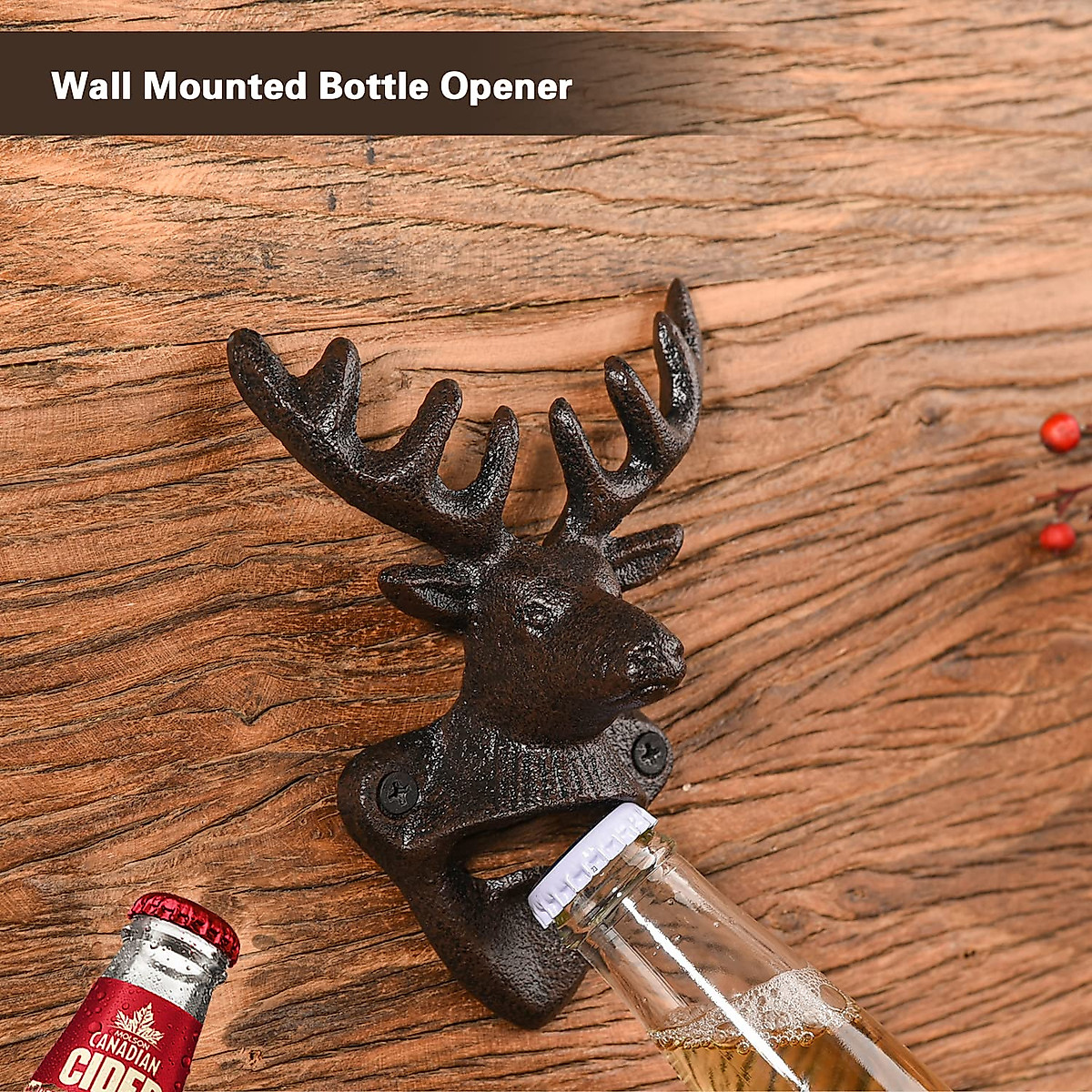 Sungmor Wall Mounted Bottle Opener, Cast Iron Cool Deer Head Bottle Opener, Beer Coke Beverage Bottle Cap Opener, Vintage Rustic Style Wall Hanging Opener, Bar Farmhouse Wall Ornament, Practical Gift
