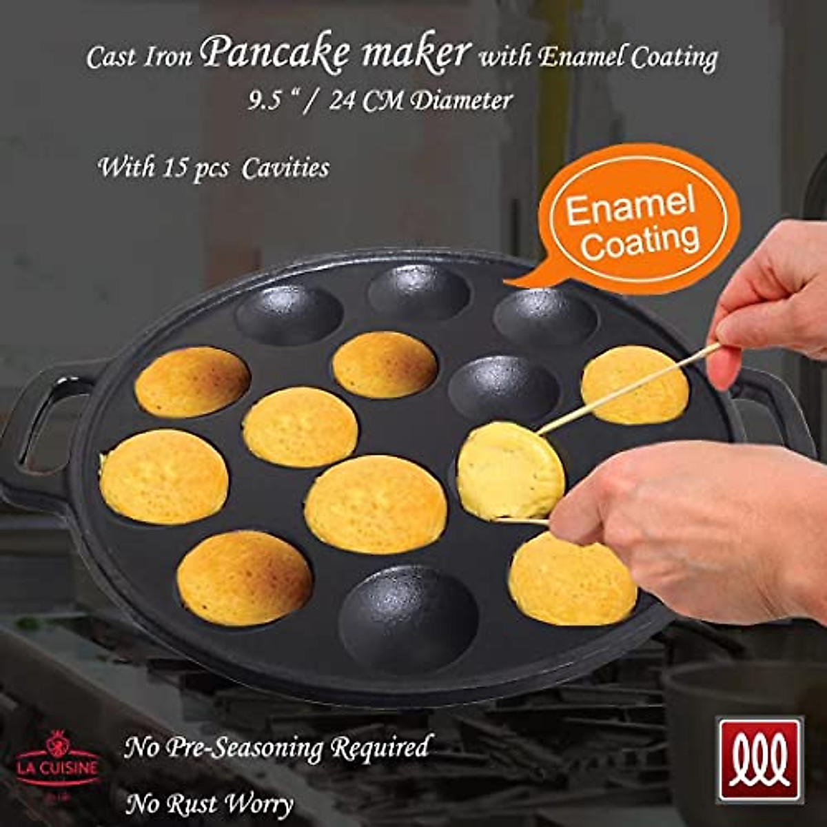 La Cuisine Pancake Pan Poffertjes Takoyaki Aebleskiver Ebelskiver Pan – Cast Iron with Porcelain Enamel Coating. Compatible with all cook tops including Induction Stove.