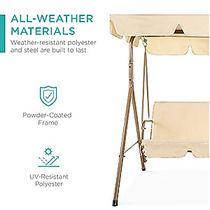 Best Choice Products 2-Person Outdoor Patio Swing Chair, Hanging Glider Porch Bench for Garden, Poolside, Backyard w/Convertible Canopy, Adjustable Shade, Removable Cushions - Beige