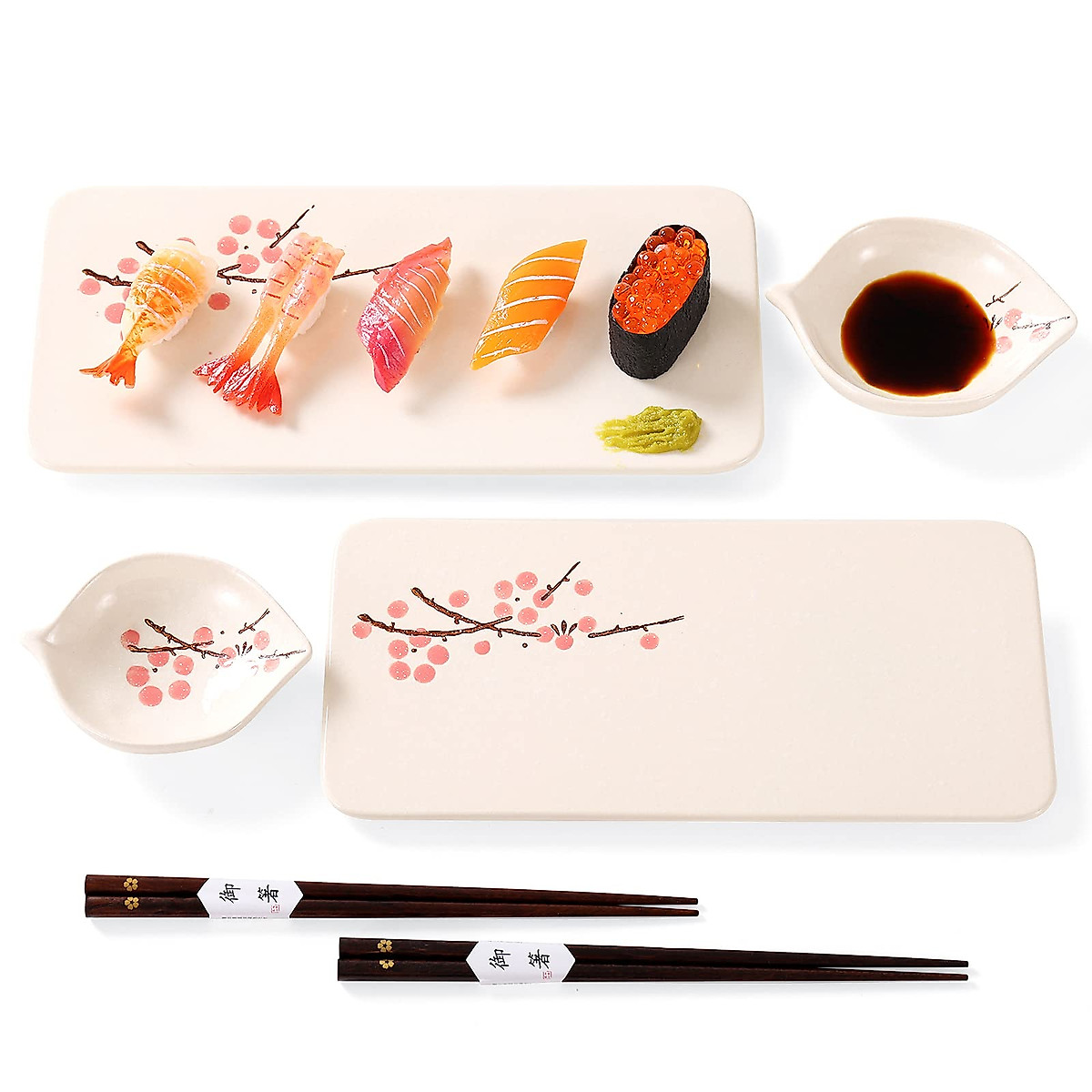 Relaxing Garden Japanese sushi plate set, 10-inch rectangle ceramic sushi dishes, sushi set with 2 japanese dishes and 2 dipping dishes and 2 pairs of chopsticks, sushi serving set for 2