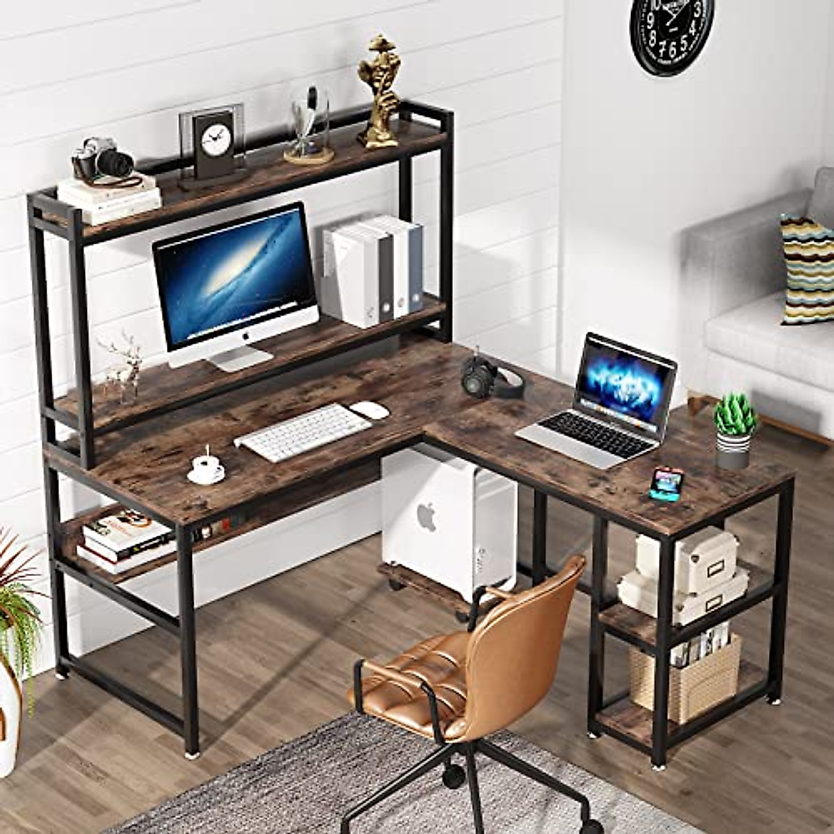 TRIBESIGNS WAY TO ORIGIN L-Shaped Desk with Storage Shelves, 59” Corner Computer Desk with Hutch, Industrial L Shaped Office Desk Gaming Table Workstation for Home Office (Rustic Brown)