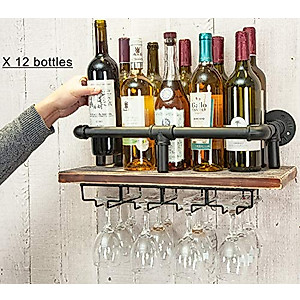 Industrial Wall Mounted Wine Rack, Wine Bottle Stemware Glass Rack, Floating Shelf Pipe Hanging Shelving with Glass Holders for Wine Glasses, Flutes, Mugs, Kitchen, Bar, (Retro Brown And Black)