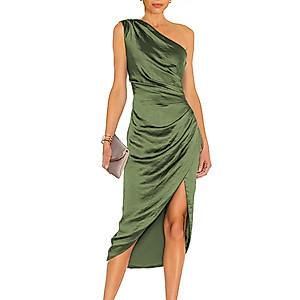 PRETTYGARDEN Women's Elegant Satin Midi Bodycon Dress 2023 Summer One Shoulder Ruched Wrap Cocktail Party Dresses (Army Green,Small)