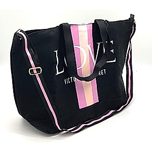 Victoria's Secret Weekender Tote Bag, Black Pink Stripes Love