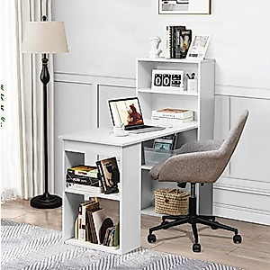 COSTWAY White Computer Desk with Shelves, 48” Study Writing Desk with 6-Tier Storage Shelves, Reversible Study Workstation w/Wide Base for Home, Office & Dorm, Easy Assembly