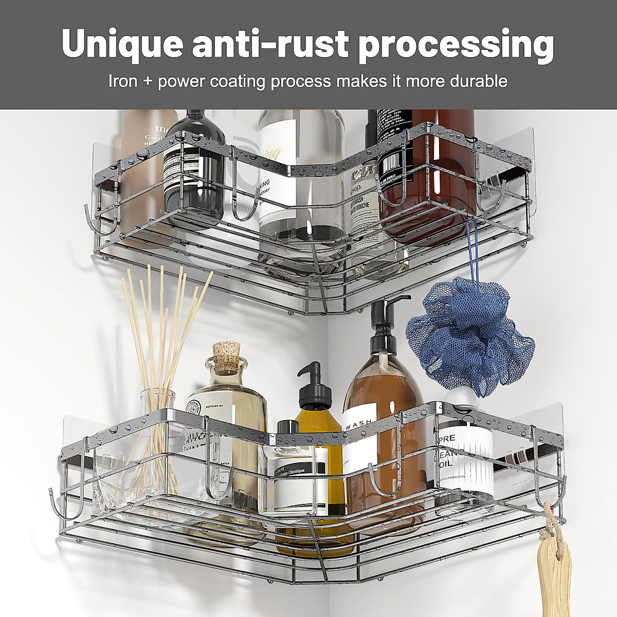 Fixwal Corner Shower Shelves, Bathroom Shower Organizers, Sliver Shower Caddy for Inside Shower with Soap Caddy & Toothbrush Holder, No Drilling Wall Mount 4-Pack