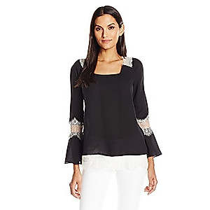 NY Collection Women's SLD Ls Bell Blouse with Tie at Back and Lace Trim, Black, M