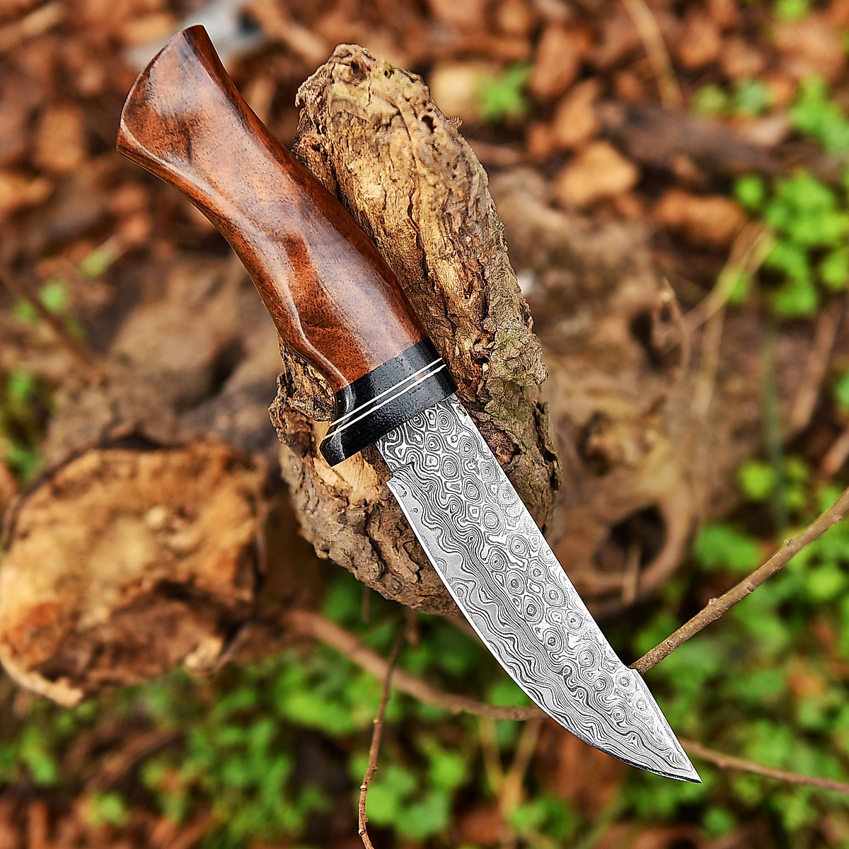 HK Knives Handmade 10''Hunting Knife,Forged Damascus for men,Bushcraft knife with Non-Slip Walnut Wood Handle & Leather Sheath,Damascus best Outdoor Indoor Camping,Survival,Skinning, Rose wood, 5x5