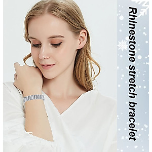 SONNYX 8 PCS Rhinestone Bracelets Stretch for Women Bridal Sparkly Wedding Strand Tennis Bracelet Bling Bikini Crystal Bracelet Silver-Stone Wedding Jewelry Bracelet Set