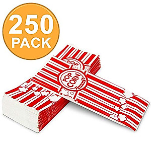 [250 Pack] Popcorn Bags 2 oz - Disposable Paper Popcorn Container, Red and White Striped Leak Proof Flat Bottom for Movie Night Snacks, Concessions, Birthday Party, Circus Carnival Decorations