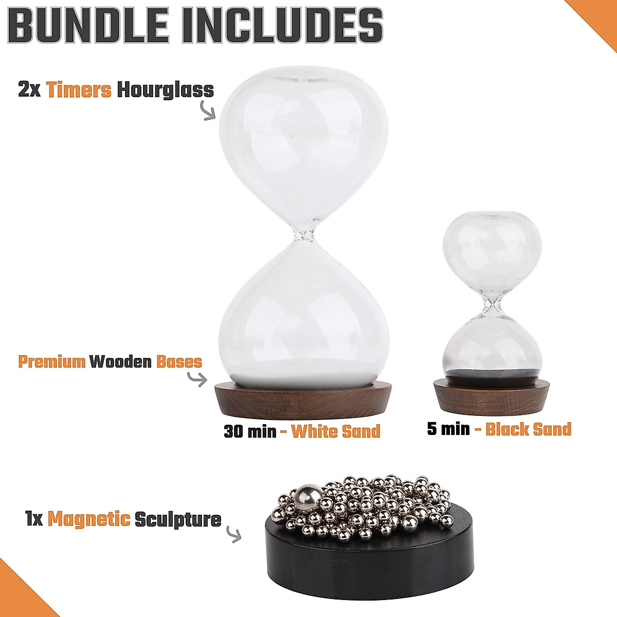 Sand Hourglass Timer Hour Glass– with Balls Desk Toy Sculpture – 30 min and 5 Minute Sand Clock for Office, Home, Desk Decor (Black and White)