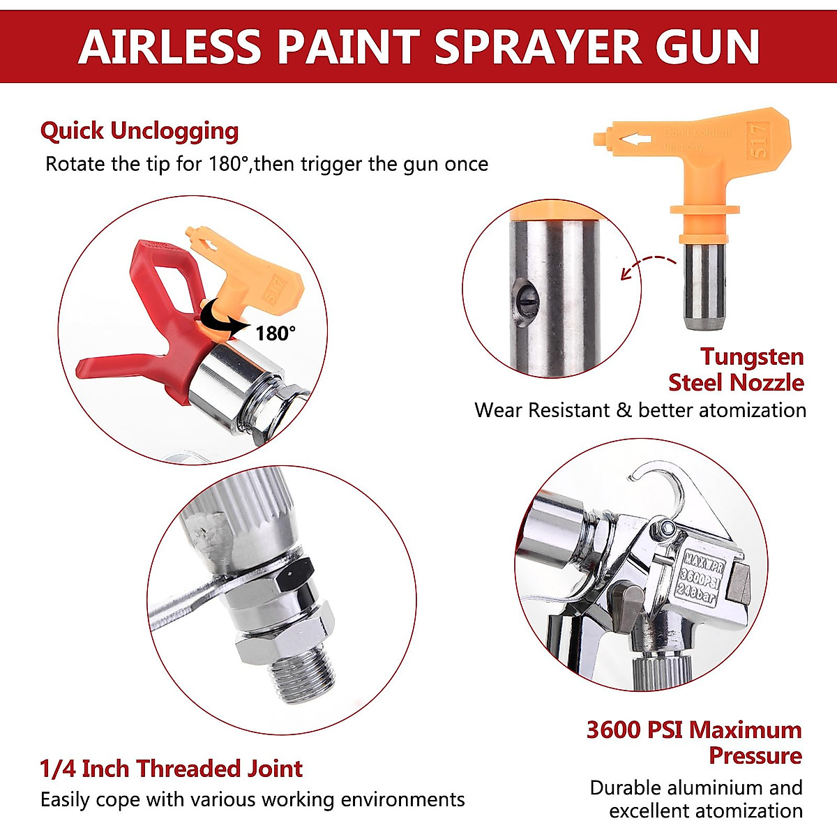 DUSICHIN DUS-365 Airless Paint Spray Gun High Pressure 3600 PSI 517 TIP Swivel Joint Extension Rod Paint Spray Hose 50 Feet Diameter 1/4 inch for Titan Graco Airless Paint Sprayer Aftermarket Parts