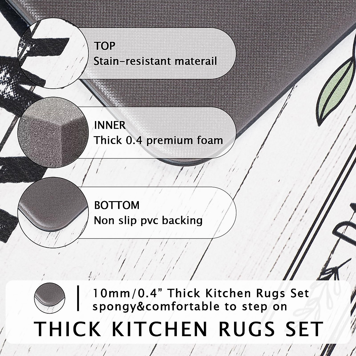 Falflor Farmhouse Anti Fatigue Kitchen Rug and Mats 2 Pieces PVC Leather Heavy Duty Standing Mats for Kitchen Sink Office Standing Desk Rug Wipe Clean