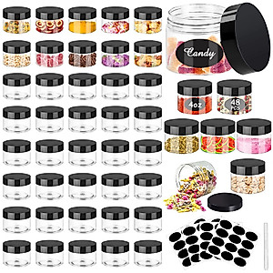 SLifeJars 4OZ Plastic Jars 48Pcs Wide Mouth Round Clear Container Jars with Black Lids Stackable Empty Slime Jars Refillable Clear Airtight Travel Storage Jars for Kitchen, Beauty Products and More