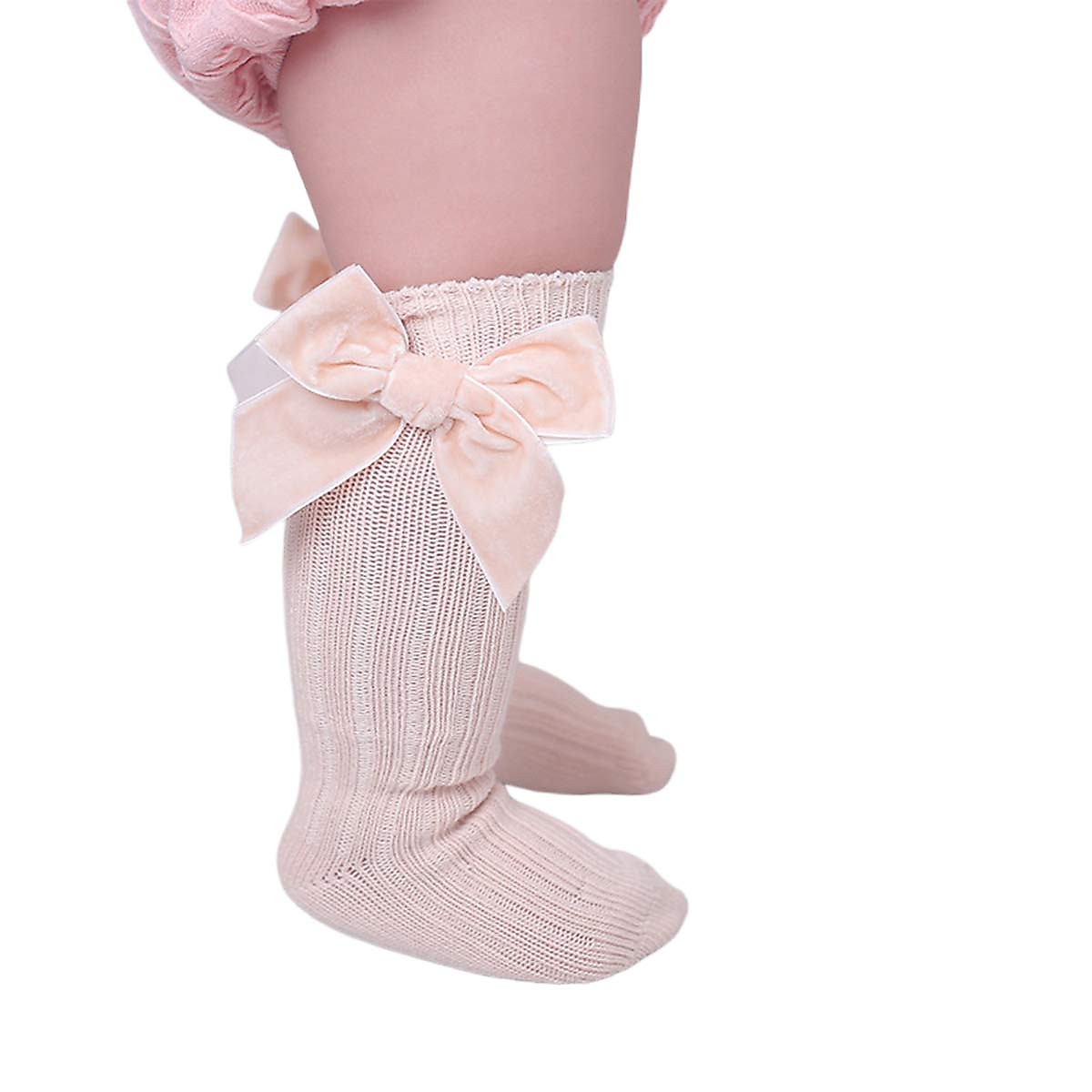 Merqwadd 4-Pack Baby Girls Knee High Socks Infants Toddlers Bow Knit Socks Cotton Tube Ruffled Stockings (Assorted 4pk,0-12 Months)
