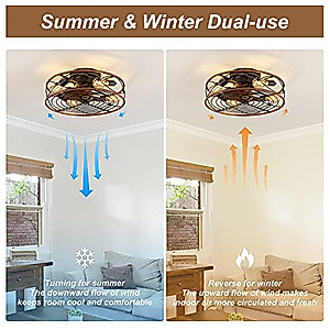 YEDAORL Caged Ceiling Fan with Light Flush Mount, 20 inch Vintage Low Profile Fandelier 6 Speed Chandelier Ceiling Fans Light Fixture with Reversible Motor Remote Control Black