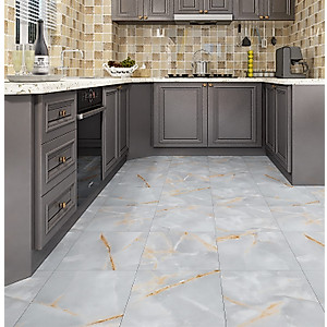 FunStick Grey Gold Marble Peel and Stick Floor Tile 12 x 12 Inch 15 Pack Self Adhesive Vinyl Flooring Peel and Stick Tiles for Floor Waterproof Kitchen Bathroom Bedroom Removable Floor Tile Stickers