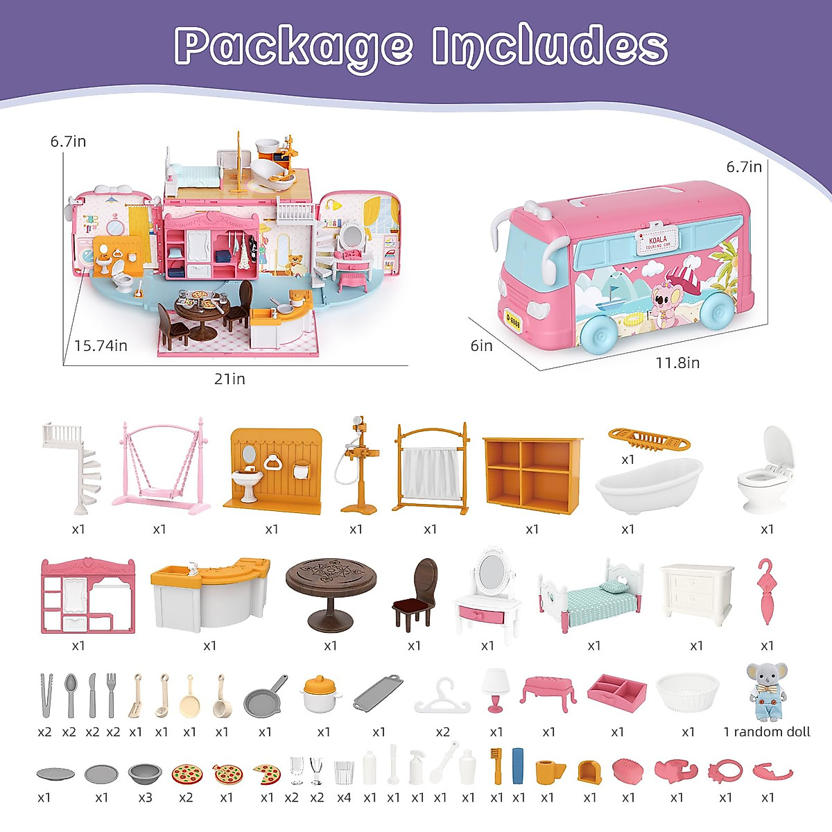 MITCIEN Dollhouse Playset, DIY Pretend Portable Caravan Camper Bus Toy Kit with Little Critters Bunny Dolls Mini Cottage House Set Camping Family Toys for Toddler 3 4 5 6 Year Old Girl