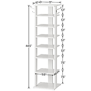 HOOBRO Vertical Shoe Rack, 8 Tier Wooden Shoe Storage Organizer with Hooks, Narrow Shoe Tower for 8 Pairs, Space Saving, for Entryway, Living Room, Bedroom, White WT07XJ01G1