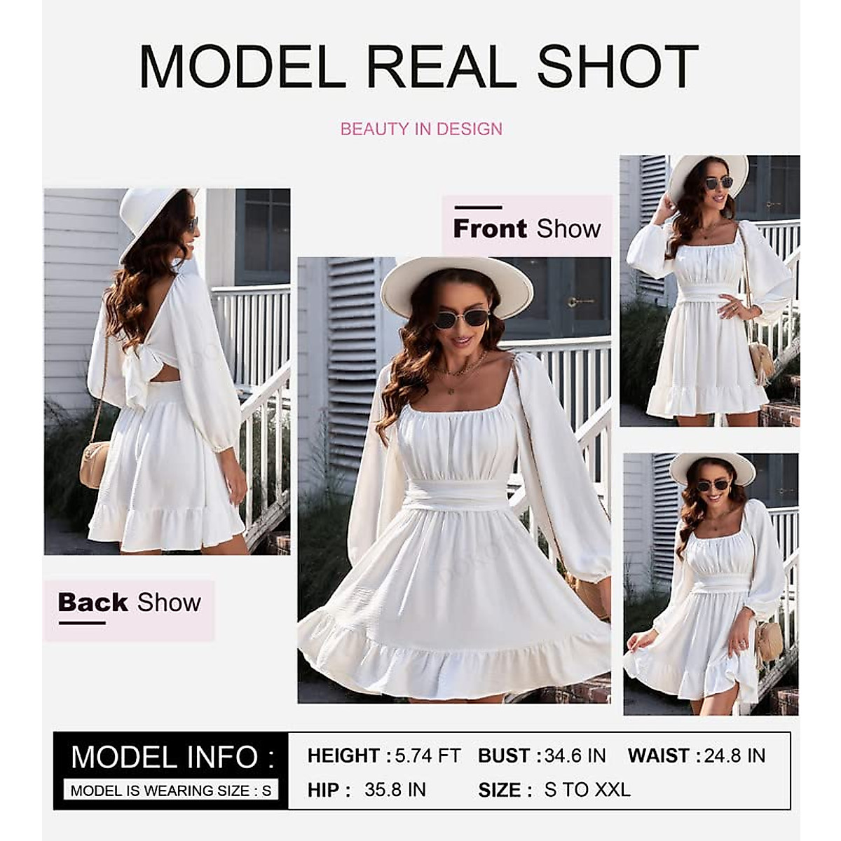 Dokotoo Square Neck Summer Dress for Women 2025 Tie Back Elastic Waist Lantern Long Sleeve Dress Ruffle A-Line White Dress Casual Sexy Mini Dress Beach Vacation Clothes Small White