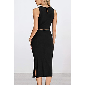 PRETTYGARDEN Women's 2 Piece Summer Outfits Crewneck Tank Tops Split Bodycon Midi Skirt Set (Black,Small)