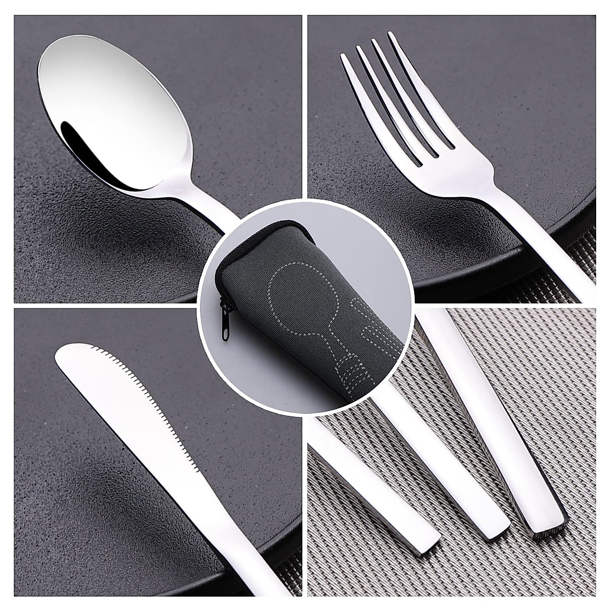 Fiazony 3-Piece Stainless Steel Traveling Cutlery for School, Office, Company, Camping Flatware with Carrying Case