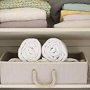BeigeSwan Large Storage Bins [set of 3] Trapezoid Collapsible Organizer Boxes Baskets with Cotton Rope Handle - 19.7 x 11.2 x 8.3 inches (Beige)
