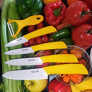 Serrated Black Ceramic Knife Set with 5" Serrated Knife. Includes 3”, 4”, 5”, 6” Ceramic Knives, Matching Sheaths and a Matching Vegetable Peeler in a Black Gift Box