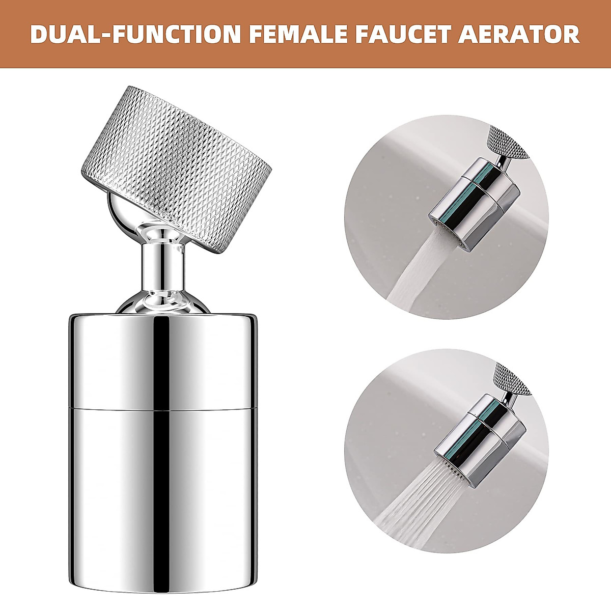 Hibbent Dual-function Female Faucet Aerator, 1.8 GPM Extra Big Angle Rotate Kitchen Sink Aerator Sprayer Head 360 Degree Swivel Kitchen Sink Sprayer Attachment-55/64 Inch-27UNS Female Thread-Chrome
