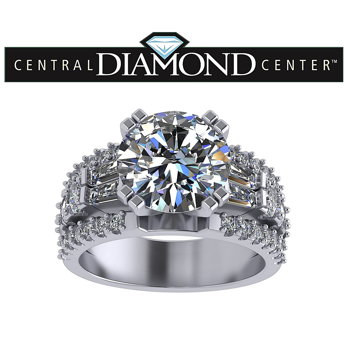Central Diamond Center Sterling Silver Round & Baguette Engagement Ring with a 9.00mm - 3.00ct Round Center Stone - Size 4.5